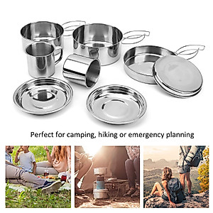 01 Camping Cookware Mess Kit, Camp Accessories Equipment Stainless Steel Camping Cookware Kit 8Pcs for Hiking for Backpacking for Outdoor for Picnic