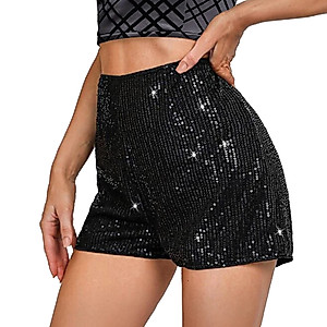 Sequin Shorts for Women High Waist Elastic Sparkly Straight Leg Short Glitter Sparkle Hot Pants Solid Party Black