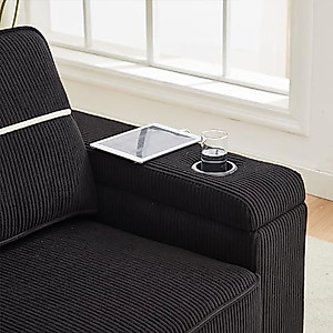 ERYE Modern Living Room Upholstered 3 Seater Sofa Couch Deep Seat Soft Corduroy Sofa&Couch with Storage Armrests, 2 Cupholders, Type-C and USB Charging Ports for Home, Apartment, Office
