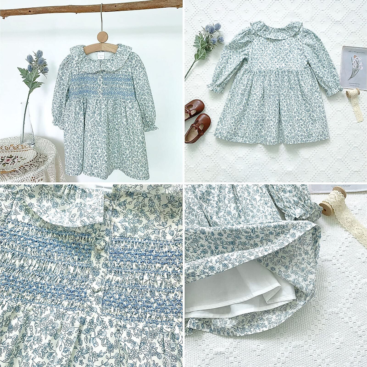 Curipeer Baby Girls Long Sleeve Floral Dress Flower Printed Smock Toddler Ruffle Dress for Autumn and Spring Blue 12M
