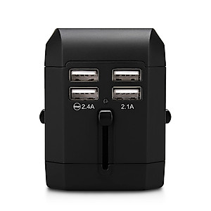 Worldwide 4 USB Travel Adapter AC Plug Adaptor Universal Travel Adapter Charging Ports Wall Charger AC Power with Safety Fused All in One Adapter for USA EU UK AUS Cell Phone Laptop (Black-4USB)