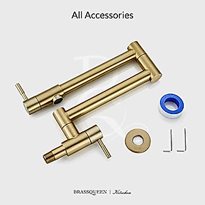 Brassqueen Wall Mounted Pot Filler Kitchen Faucet, Brushed Gold Finish, 2.2 GPM, 15 L/min, 1/2 NPT Connecting Thread, Stainless Steel Core, Dual Ceramic Valves, Anti-Scratch Matte Plating