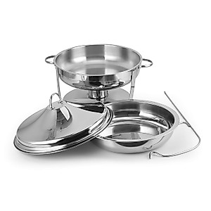 6 Qt Round Chafing Dish With Hanger Stainless Steel Chafer Set And Apron, Buffet Food Warmer Durable, Shiny Silver, Keeps Food Warm In All Catered Events