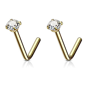 Forbidden Body Jewelry 2 Pack: 20g 6mm Gold IP Plated Surgical Steel L Shaped Nose Ring with 3mm CZ Crystal
