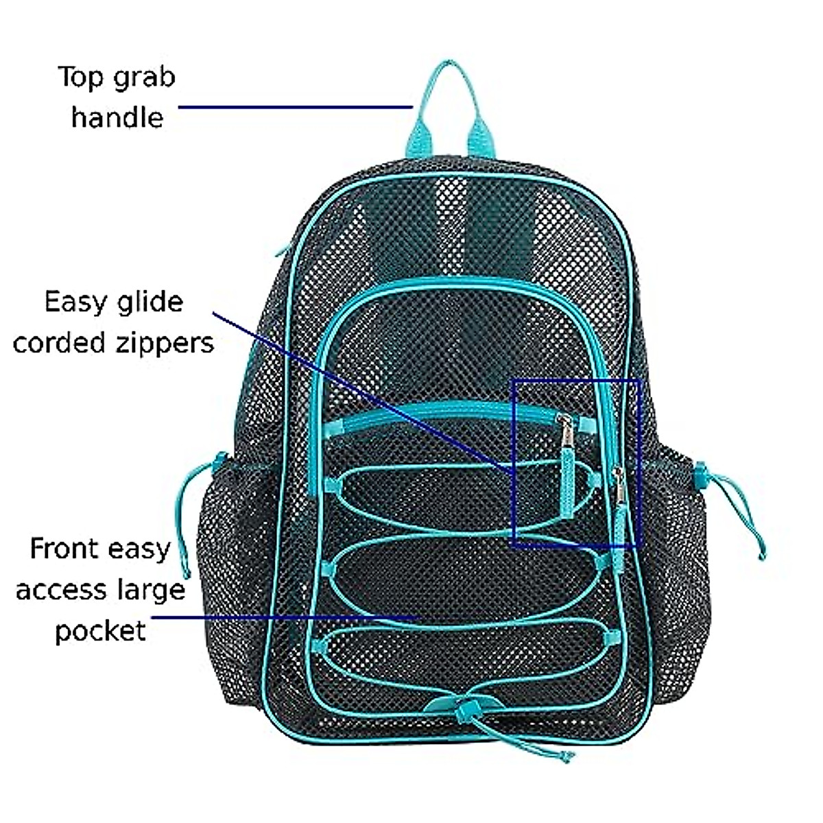 Eastsport XL Semi-Transparent Mesh Backpack with Comfort Padded Straps and Adjustable Bungee for Work, Sports, Beach, College and Security - Grey w/Blue