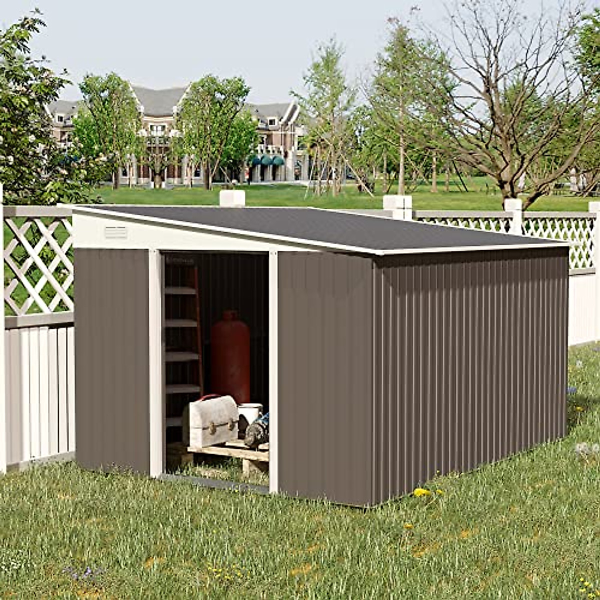 Outsunny 11' x 9' Steel Garden Storage Shed Outdoor Metal Lean to Tool House with Double Sliding Lockable Doors & 2 Air Vents, Grey