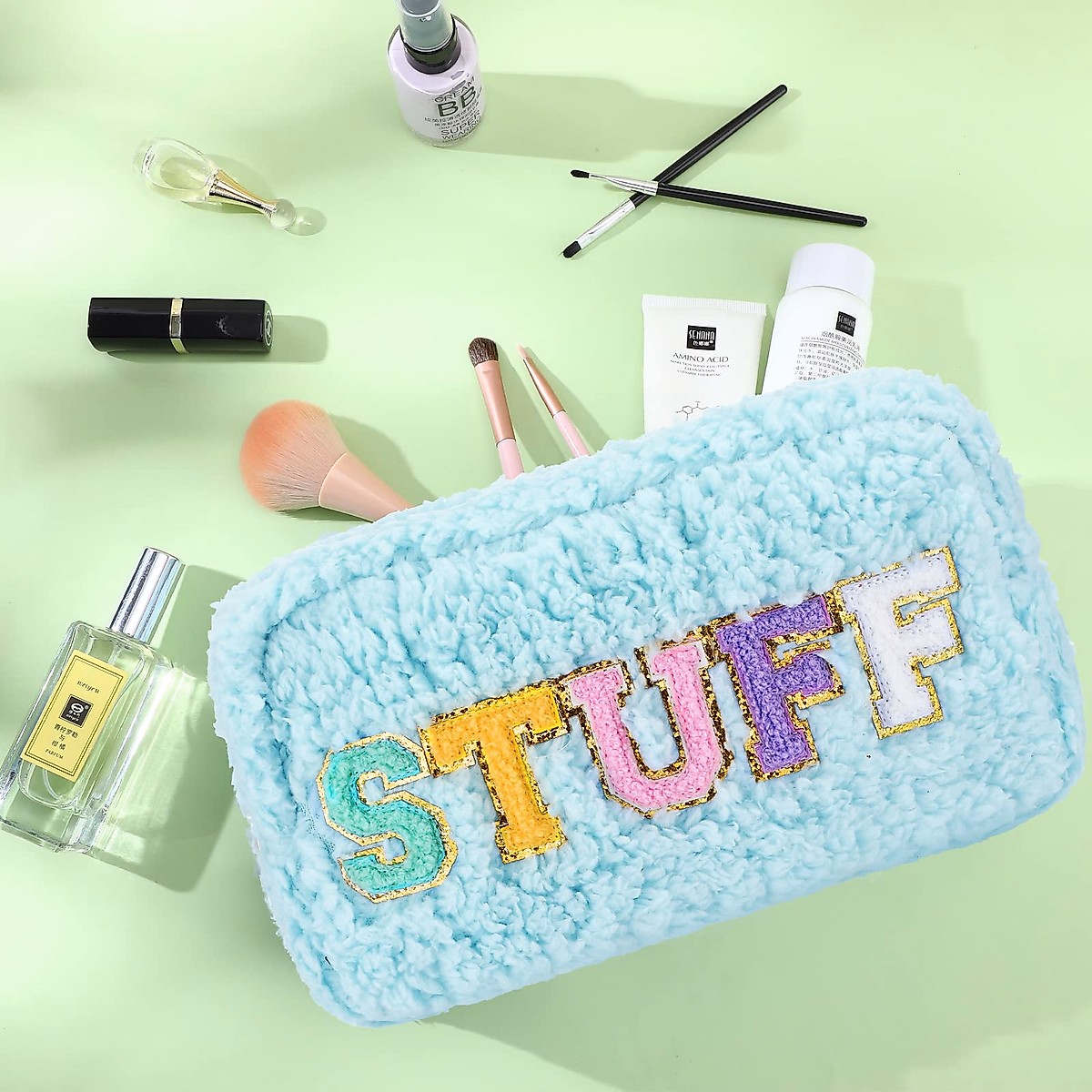 Mixweer Chenille Letters Plush Preppy Makeup Bag Portable Small Travel Cosmetic Bag with Zipper Fleece Pouch Bags for Women Girls Patch Pouches for Toiletries Cosmetic Storage Organizer (Blue, Stuff)