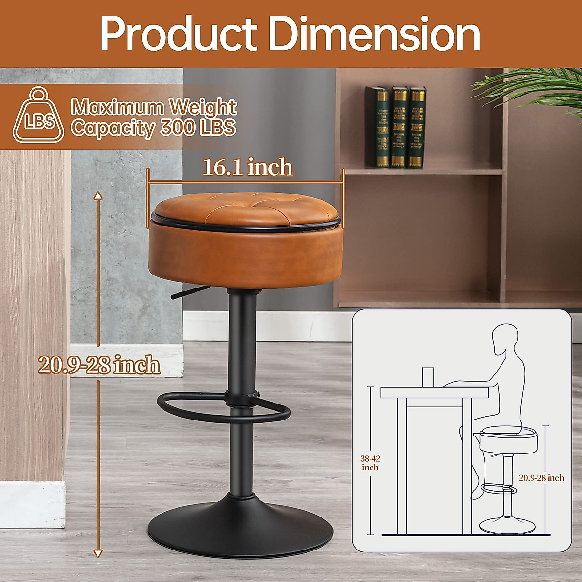 Round Storage Bar Stool Set of 2,Faux Leather Height Adjustable Barstool, 360°Counter Height Swivel Stool, Armless Bar Chair with Metal Frame for Kitchen Counter Dining Living Room Whiskey Brown