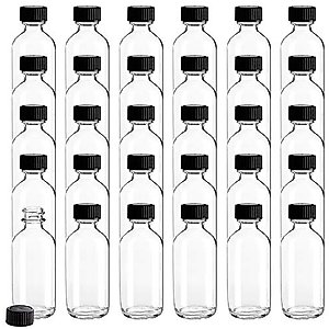 Bekith 30 Pack 2 oz Small Clear Glass Bottles, Boston Round Sample Bottles with Black Poly Cone Cap for Juice, Ginger Shots, Oils, Whiskey, Liquids