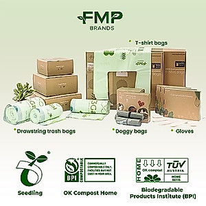 FMP Brands 100 Count 8 Gallon Compostable Drawstring Trash Bags, Extra Thick 1 Mil, Leak-Proof Kitchen Bag, 100% Compost Garbage Bag for Home Office Bathroom, BPI, ASTM D6400, OK Compost Certified