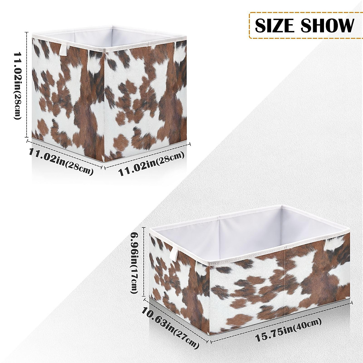 xigua White Brown Print Cow Cube Storage Box, Foldable Fabric Storage Cube Portable Storage Basket for Bookshelf Closet Laundry Room Nursery Home Decor, 15.75x10.63x6.96In