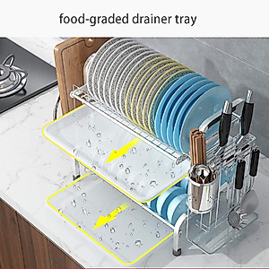 2-Tier Dish Rack, Colture Stainless Steel Dish Drying Rack with Utensil Holder and Drain Board Wine Glass Holder Easy-Storage Rustproof Kitchen Counter Dish Drainer Rack Organizer, Silver