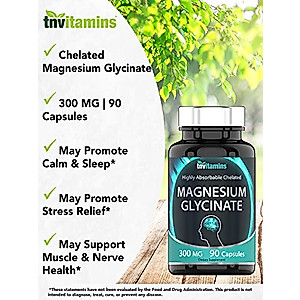 Chelated Magnesium Glycinate Capsules (300 MG x 90 Count) for Women & Men | AKA Magnesium Bisglycinate | Highly Absorbable | Calm, Sleep, Muscle, Nerve, & Stress Support* | by TNVitamins