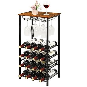 YBING Wine Rack Freestanding Floor Wine Rack Table with Glass Holder 16 Bottle Wine Bar Rack with Tabletop Wood 5-Tier Wine Bottle Organizer Storage Stand Liquor Cabinet Bar for Home Rustic Brown