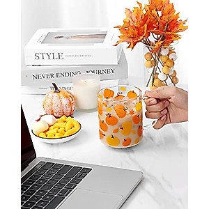 Pumpkin Glass Mug 15 Oz, Clear Fall Cup With Handle, Large Espresso Iced Coffee Glass, Hot Beverage Cappuccino Tea Drinking Glassware, Autumn Decor for Coffee Bar, Thanksgiving Gift for Pumkin Lover