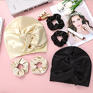 Geyoga 6 Pcs Reusable Large Silk Bonnet Hair Wrap for Sleeping, Natural Silk Scrunchy, Soft Scrunchies, Silk Ponytail Holder for Women's Hair Care (Black, Beige)