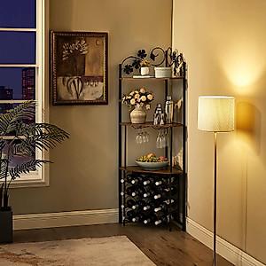 VECELO 3-Tier Corner Wine Rack Freestanding Floor with Glass Holder, 16 Bottles, Wooden Home Liquor Bar Cabinet Storage Display Shelf for Kitchen Dining Room, Rustic Brown