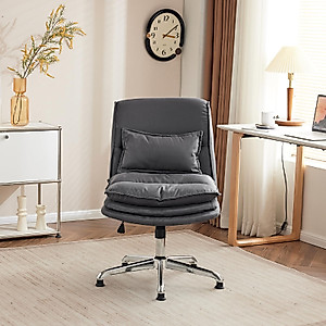 VINGLI Cloud Criss Cross Legged Chair,18" High Back Armless Home Office Desk Chair no Wheel,Wide Adjustable Comfy Padded Seat Task Computer Chair,Modern Swivel Makeup Vanity Chair,Microfiber,Grey