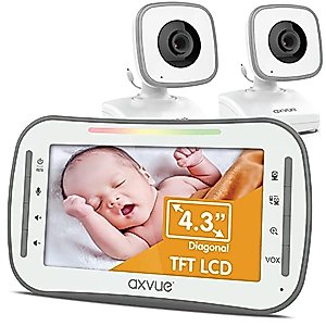 Axvue Video Baby Monitor, Comfortable Slim Design Handheld Enclosure, 4.3" Screen Monitor & 2 Camera, Range up to 1000ft, 12 Hour Battery Life, 2-Way Talk, Night Vision, Temperature Monitor, No WiFi
