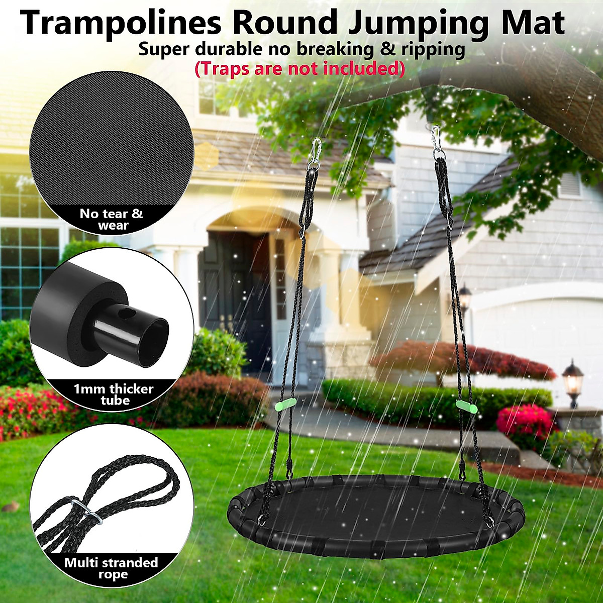 ZBZBML Tree Swing with PP Mat for Kids and Adults - Durable, Safe, and Easy to Install,Black Outdoor Saucer Swing,Flying Saucer Web Circle Swing for Yard Garden Playground Park (40 inches Diameter)