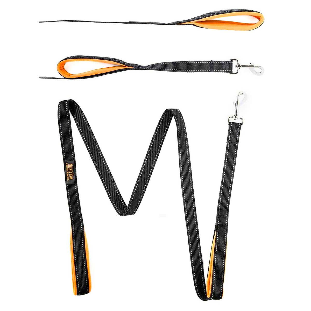 Mighty Paw Dual Handle Dog Leash - Reflective for Night Safety - Padded Leash - Dog Leash with Two Handles - Dog Leash with Carabiner Clip - Traffic Handle Leash - 6 Feet Long Dog Leash (Black/Orange)