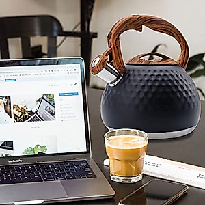 GGC Tea Kettle for Stove Top, Loud Whistling Kettle for Boiling Water Coffee or Milk, 2.7 Quart 3L Heavy Stainless Steel Black Kettle with Wood Pattern Handle, Unique Button Control Kettle Outlet
