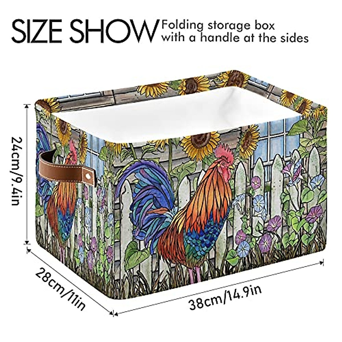 TropicalLife Rectangular Storage Bin Cube Animal Rooster Foldable Organizer Basket with Handles, Sunflower Floral Farm Collapsible Storage Box for Kids Toy Shelf Closet Nursery