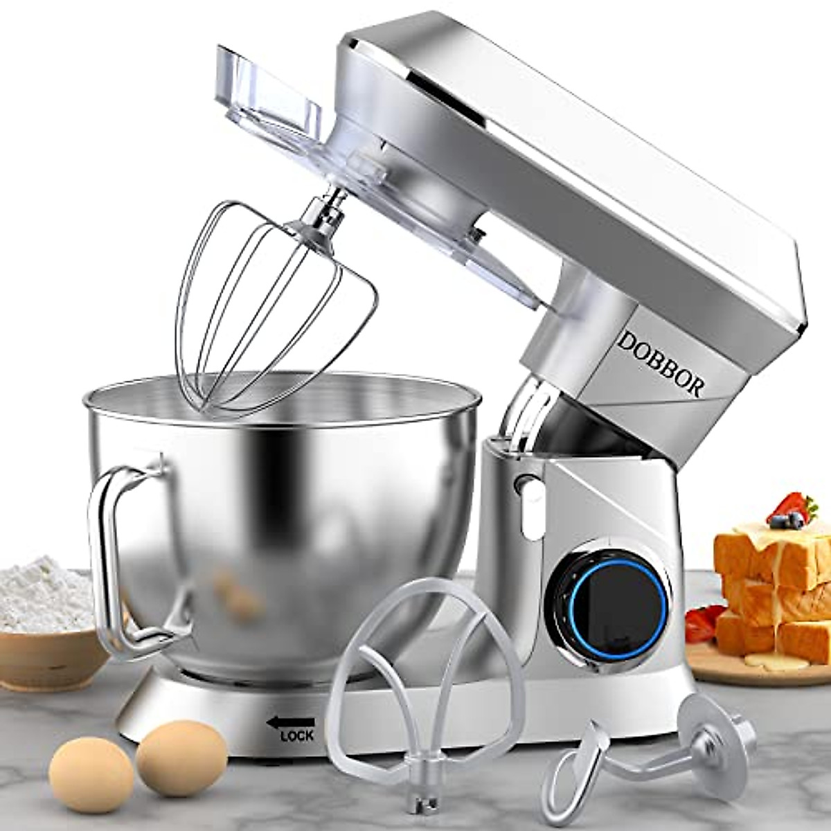 9.5QT Standing Mixer, DOBBOR 7 Speeds 660W Tilt-Head Kitchen Dough Mixer, Electric household mixers with Dough Hook, Whisk, Beater, Splash Guard & Mixing Bowl for Baking - Silver