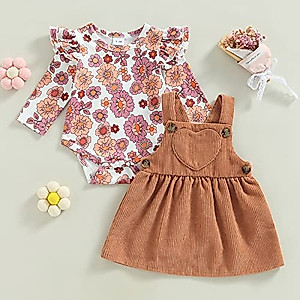 Baby Girl Fall Clothes Cute Graphic Long Sleeve Romper Bodysuit and Corduroy Suspender Skirt Suit for 3 6 9 12 18 Months (A Brown, 12-18 Months)