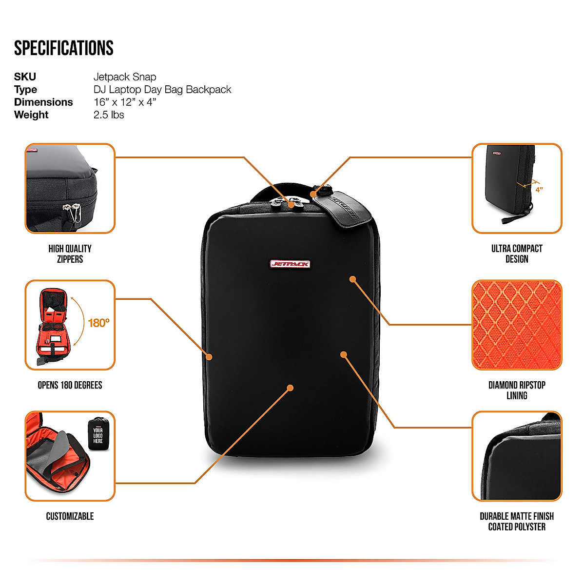 JetPack Snap Backpack for Non DVS, Club DJ Gig Set up, This Bag Protect Carry Mac, Laptop, Stand, Headphone, USB Mobile Devices, Cables, Microphone. Travel Friendly, Ultra Slim Design