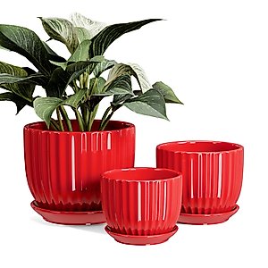 Ton Sin Ceramic Plant Pots - 4/5/6 Inch Red Planters Set of 3 with Drainage Holes and Saucer - Indoor Flower Pots for Plants Ceramic Planters for Indoor Gardening Succulent Pots