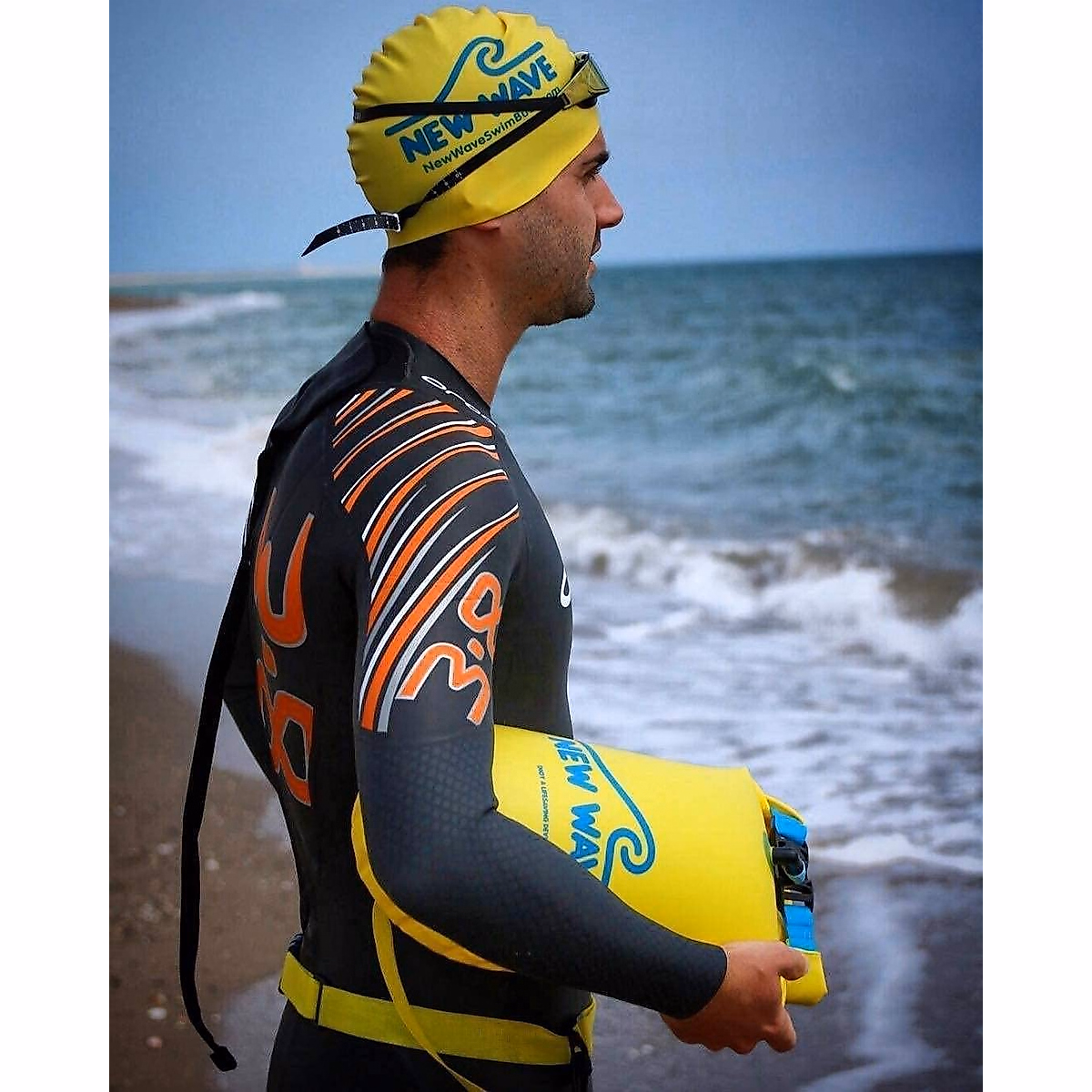 New Wave Swim Buoy & New Wave Swim Cap Bundle - Swim Safety Float and Drybag for Open Water Swimmers Triathletes, Open Water Swim Buoy Float for Safer Swim (PVC 15L Drybag Yellow + Silicone Cap)