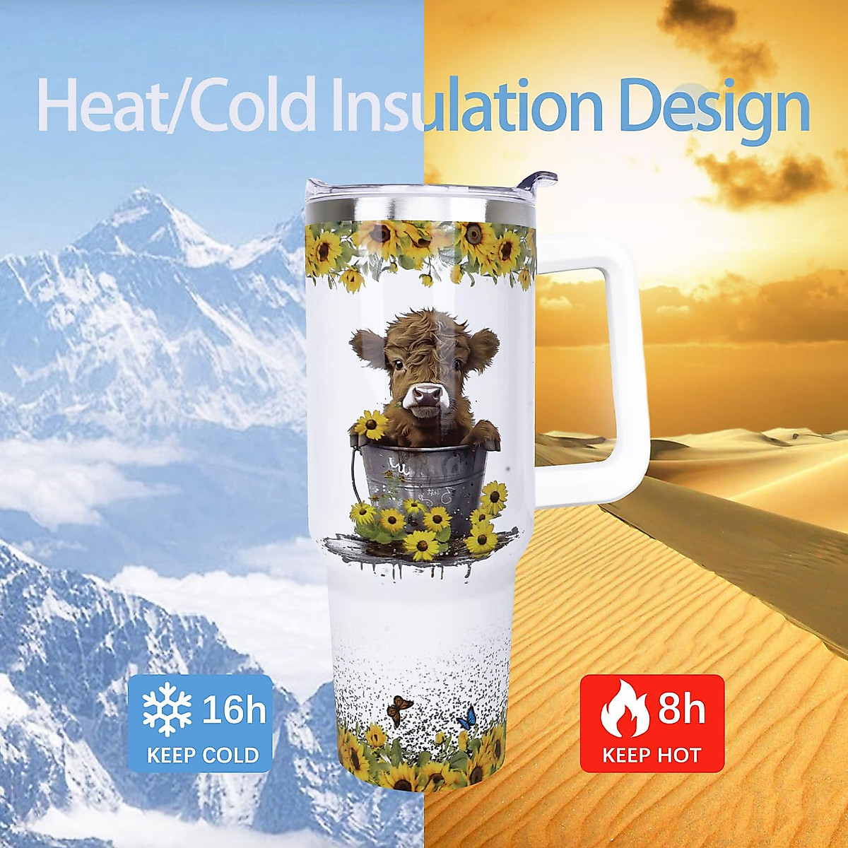 ZNYYZYBA 40 oz Tumbler with Handle and Straw, Highland Cow Tumbler with Leak Proof Lid, Reusable Stainless Steel Insulated Travel Coffee Mug, Highland Cow Gifts for Cow Lovers, white brown