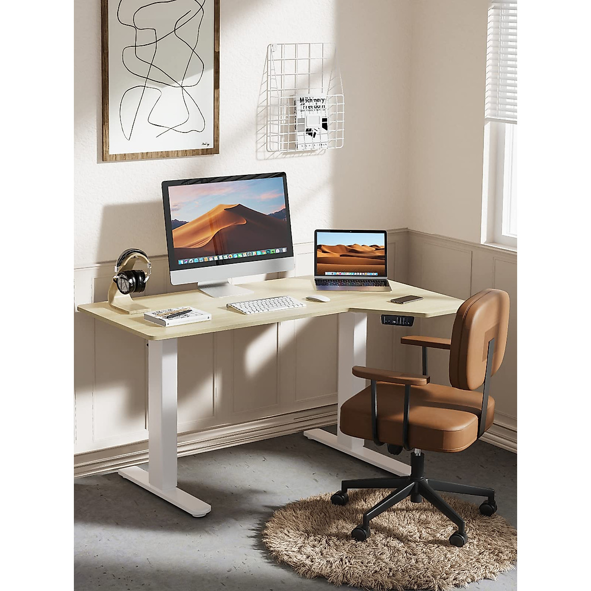 Totnz Electric Standing Desk, Height Adjustable Sit Stand up Desk, L-Shaped Memory Home Office Desk with Hook, 55 x 34 inch