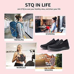 STQ Tennis Shoes Womens Slip on Walking Sneakers with Arch Support for Workout Gym Athletic, All Black US 8