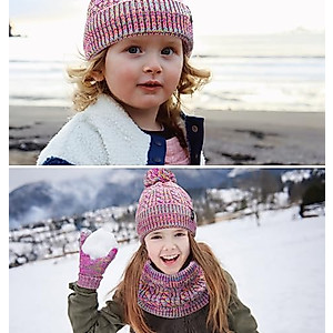 Toddler Kids Winter Hat Scarf Touchscreen Gloves Set 3-6-12 Year Old Knit Pom Beanie Hats Neck Warmer Gifts for Girls Boys