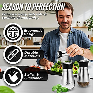 Flexzion Modern Salt and Pepper Shakers Set, Glass Canister Dispenser with Stainless Steel Sleeve and Black Lid for Spices, Sea/Kosher/Himalayan Salts and Pepper - Silver (Set of 2)