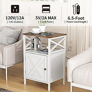 LDTTCUK Side Table with Charging Station, End Table with Power Outlet & USB Ports, Nightstand with 2 Tiers Storage Space and Storage Cabinet, Sofa Side Tables for Bedroom, Living Room,Office,White
