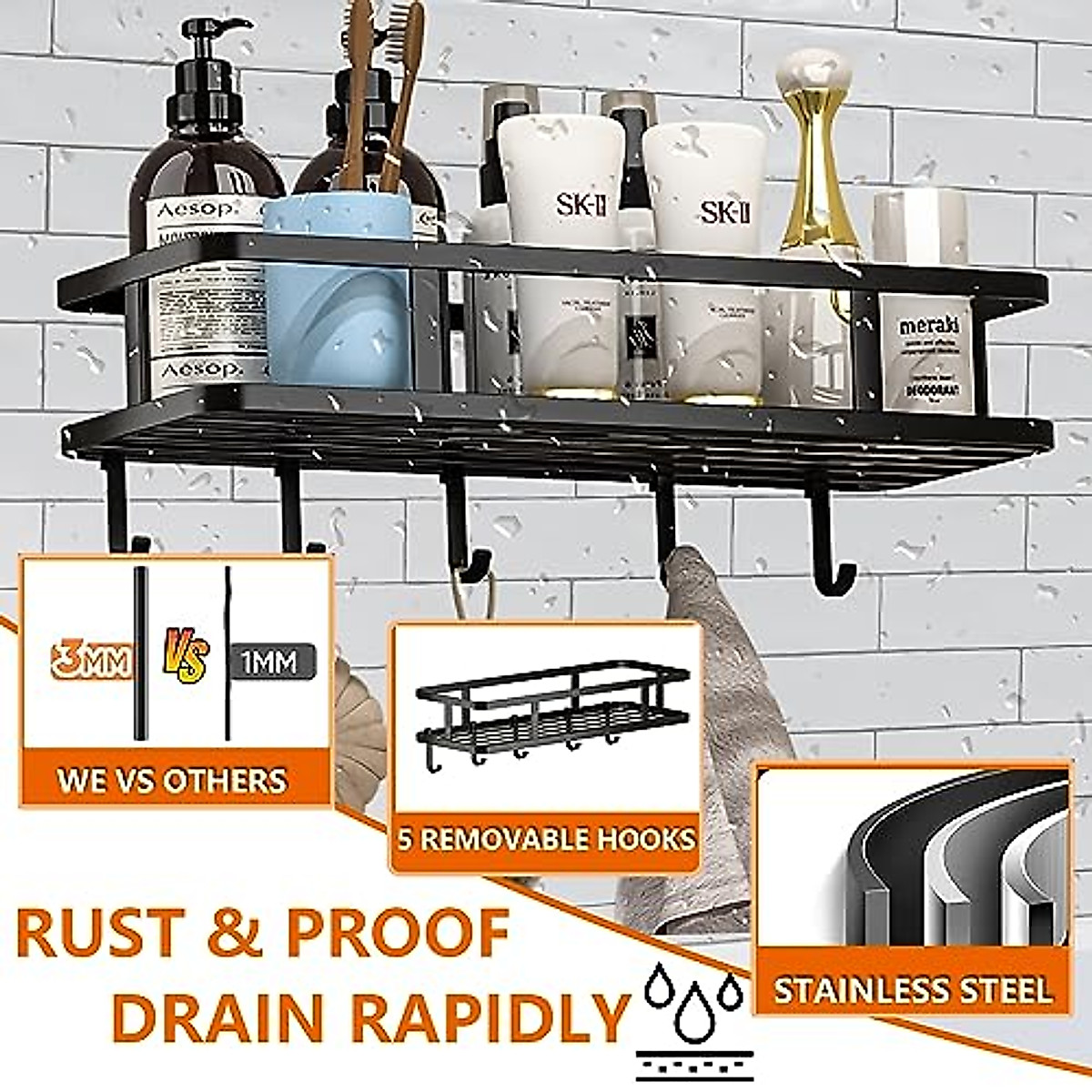 CIT ZCFYU Shower Caddy Bathroom Shelf Organizer 3 Pack, Strong Adhesive Shower Shelves for Inside Shower Accessories,Black Shower Corner Basket with Soap Holder,Stainless Steel Shower Storage Rack