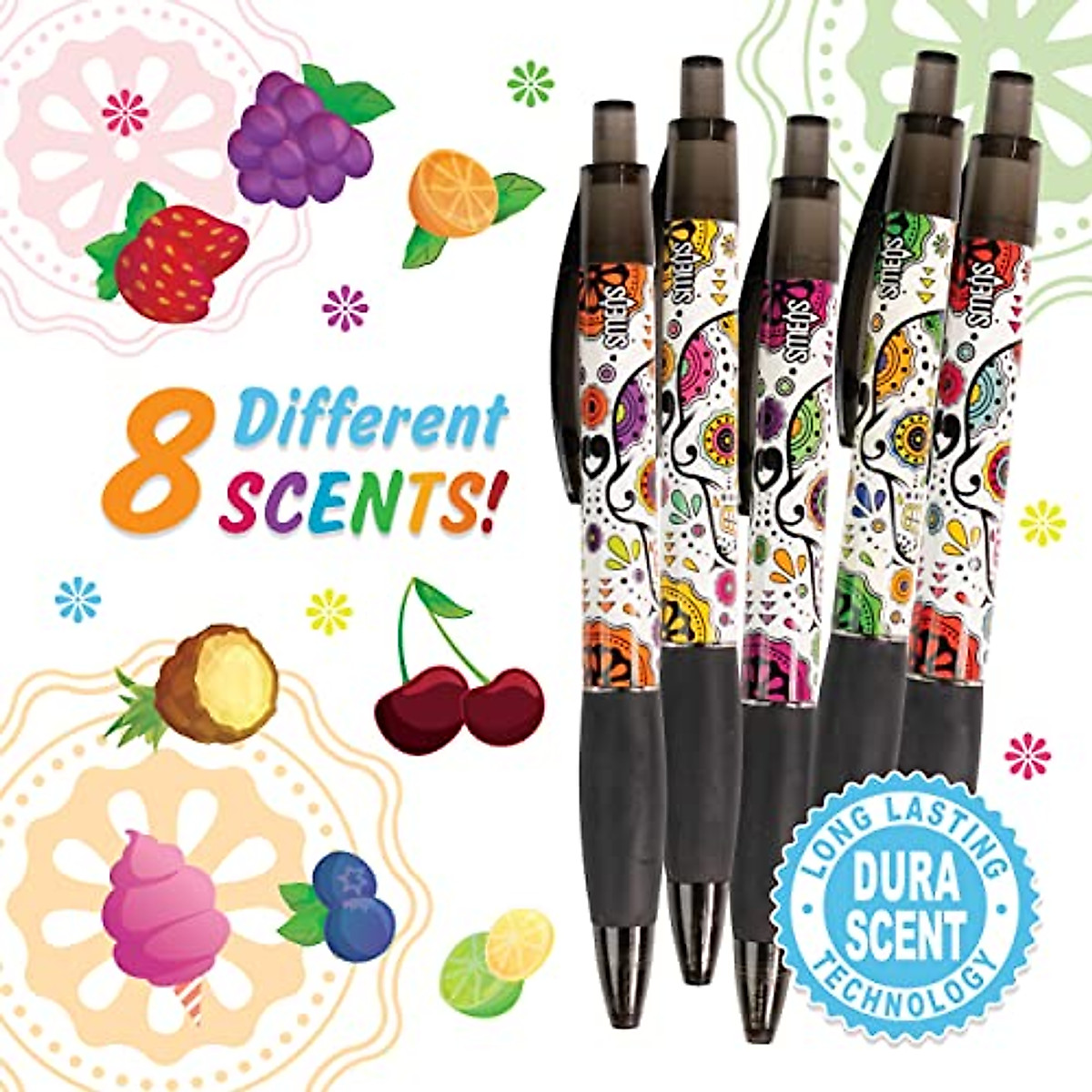 Sugar Skull Smens - Scented Pens, Black Ink, Medium Point - 8 Count