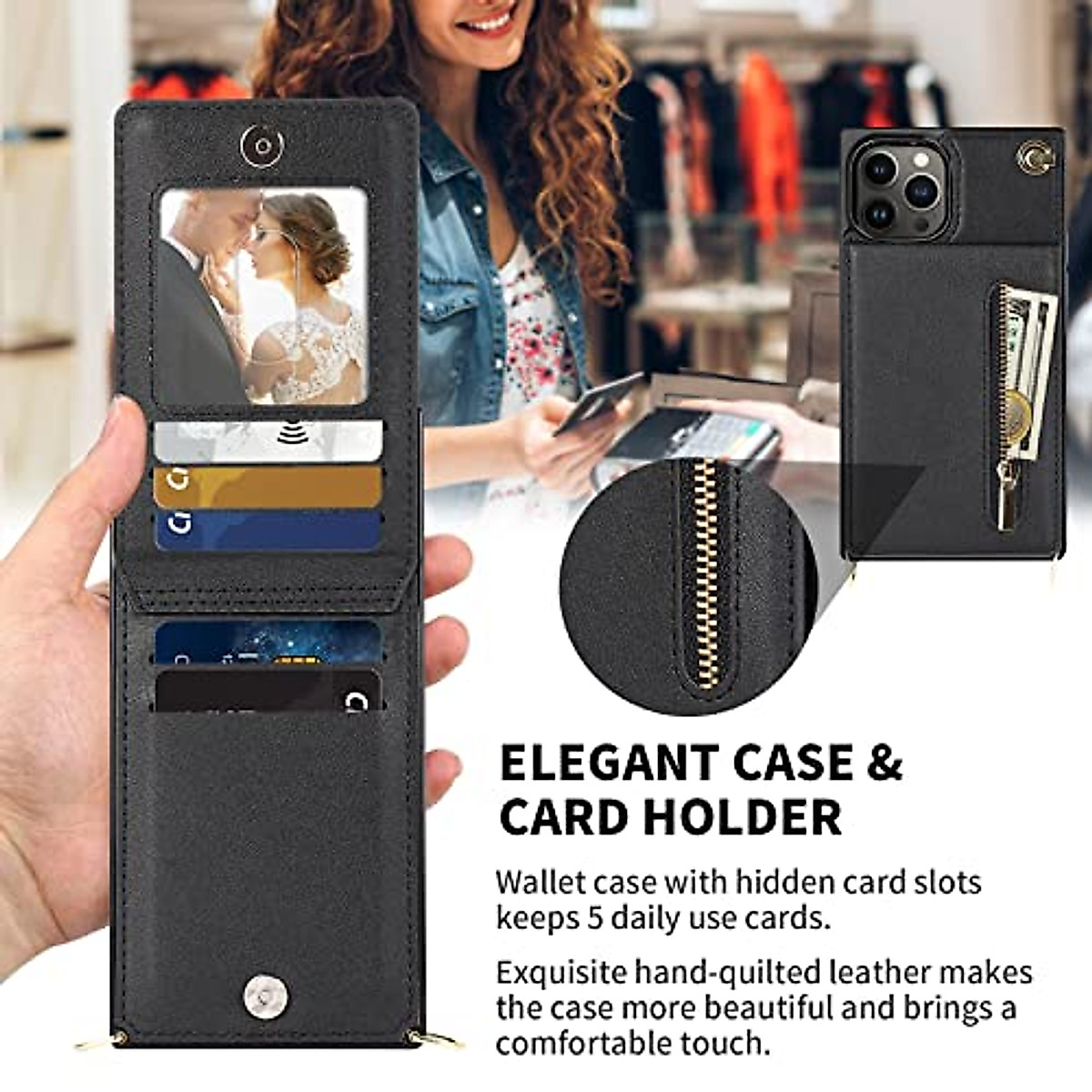 HOGGU Crossbody iPhone 14 Pro Max Case Wallet with Card Holder, Flip Leather iPhone 14 Pro Max Crossbody Case with Strap, Kickstand, Zipper Purse, Protective Square Phone Case for Women Girls-Black