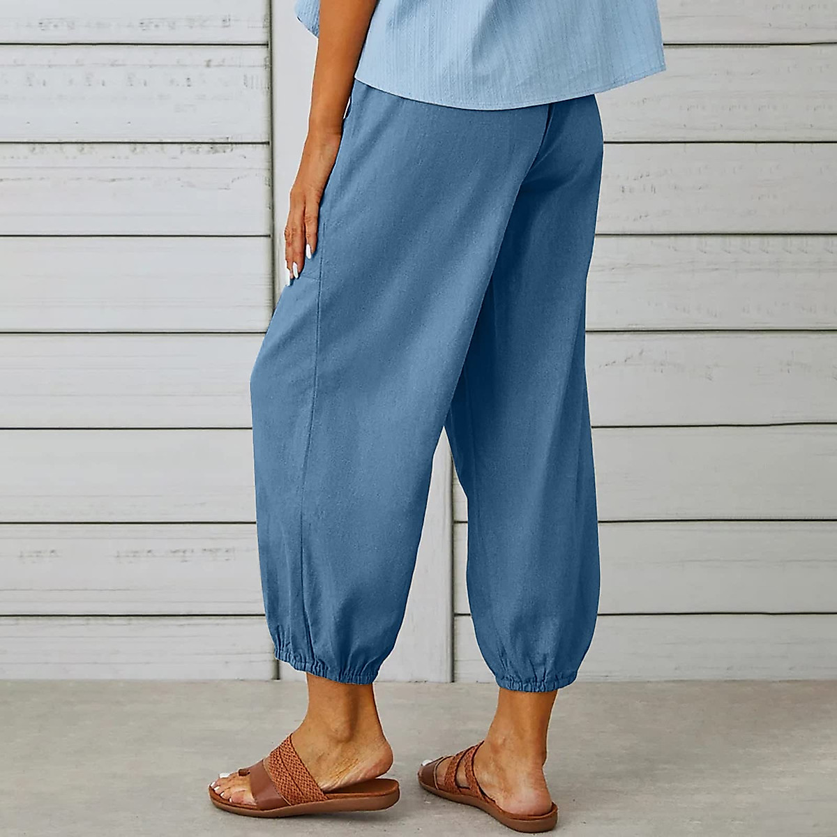 Lastesso Prime Sale Linen Pants Women Loose Size Elastic Waistband Pockets Trousers High Waist Straight Palazzo Pants Summer Beach Pants 70s Pants for Women Blue 2X