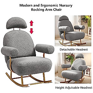 Setawix Teddy Nursery Rocking Chair Modern Faux Sherpa Accent Glider Rocker Chair Soft Boucle Rocking Armchair with Golden Metal Legs,High Back and Arms for Living Room Bedroom (Grey)