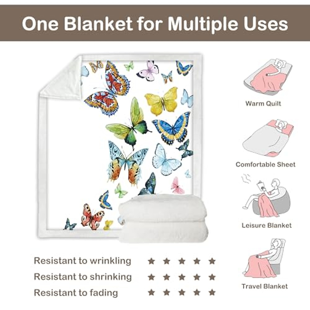 Sleepwish Butterfly Blanket Home Throw Blanket Sherpa Flannel Fleece Reversible Blankets Girls Hippie Blanket (60 x 80 Inch)
