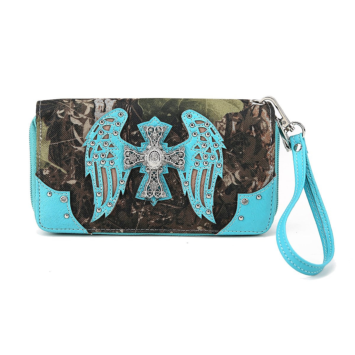 Camouflage Cross Western Style Studded Handbag Concealed Carry Purse Country Women Shoulder Bag Wallet (Turquoise Set)