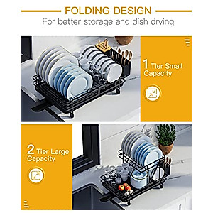 Uamector Large Dish Drying Rack, 2 Tier Stainless Steel Dish Racks with Drainage and Utensil Holder, Drying Rack Kitchen with Drainboard Set, Foldable Dish Drainers for Kitchen Counter Black