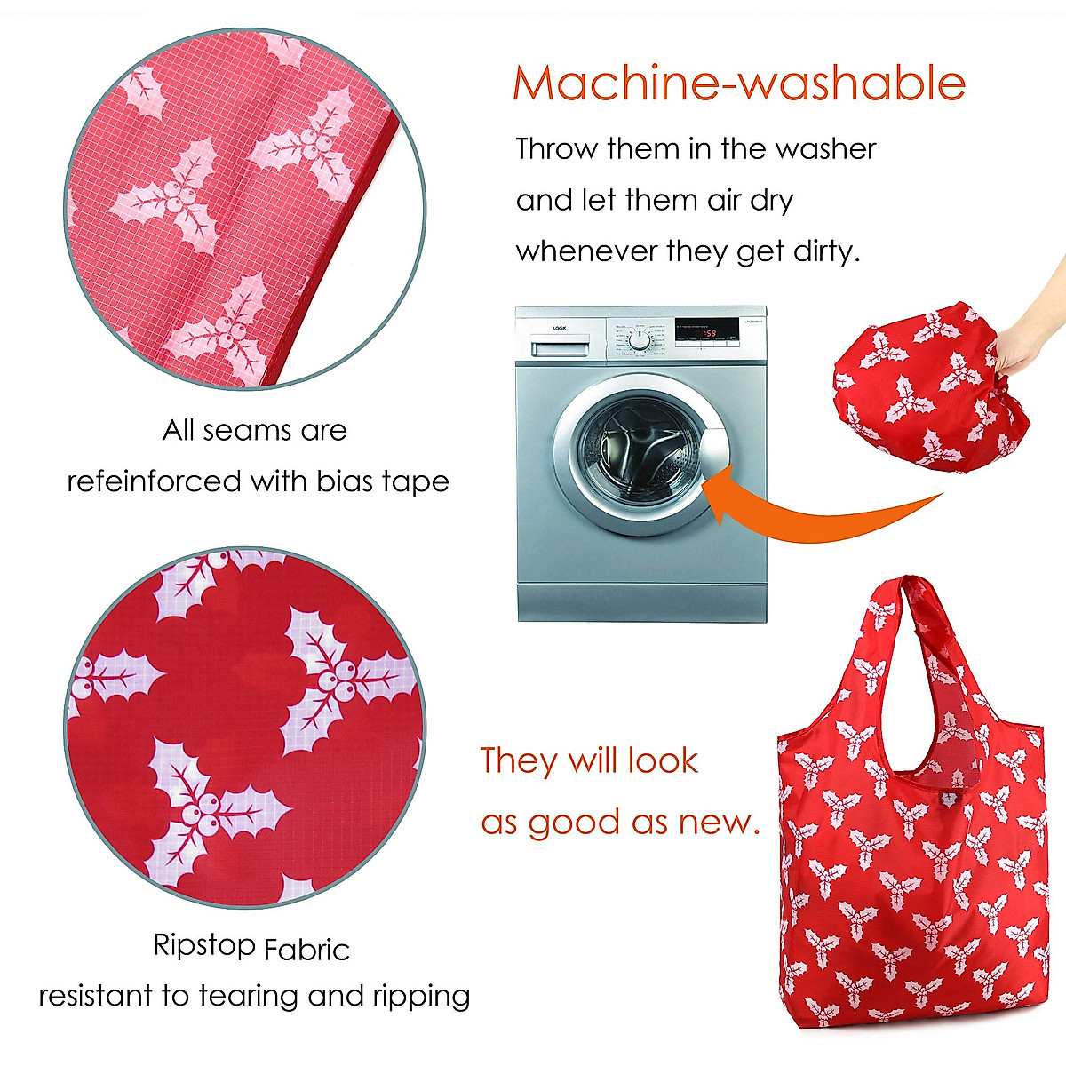 BeeGreen Christmas Red Reusable Grocery Bags 12 Pack with Storage Pouch & Elastic Band Gift Bags Shopping Tote Bags Bulk Ripstop 50LBS Extra Large Foldable Machine Washable