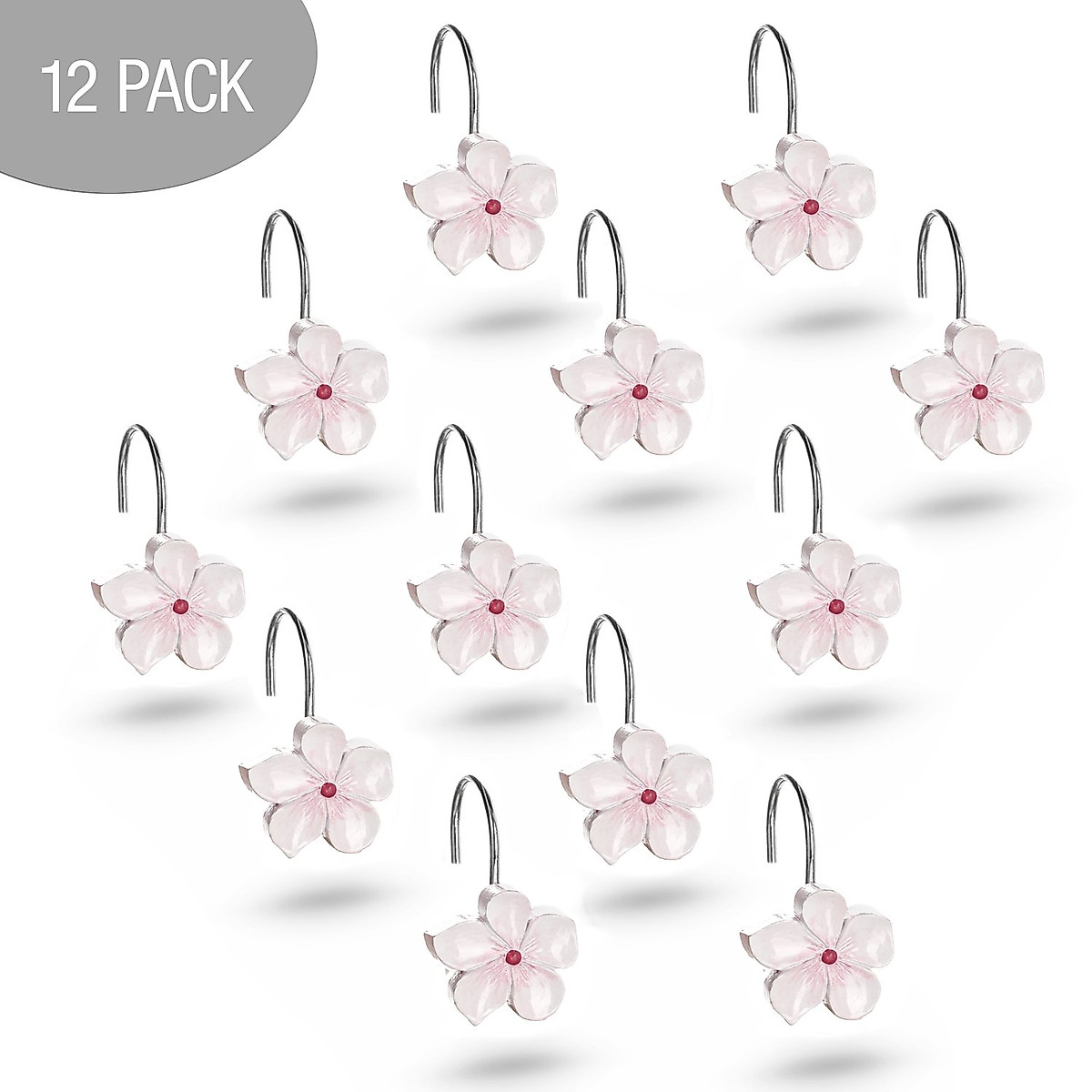 Creative Scents Vanda Flower Shower Curtain Hooks - Set of 12 White & Pink Floral Shower Curtain Hooks - Decorative Shower Curtain Rings for Curtain - Spring Blossom Shower Hooks for Shower Curtain