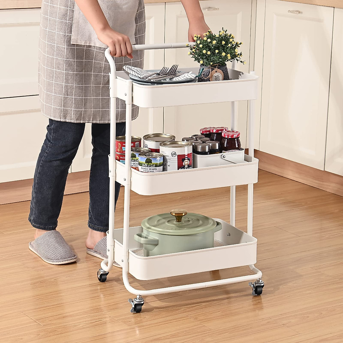 TOOLF 3 Tier Metal Rolling Cart, Utility Cart with Handle, Multifunction Storage Cart with Lockable Wheels, Serving Organizer Trolley with Mesh Basket for Kitchen, Bathroom, Office