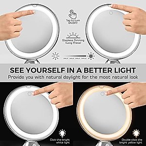 Updated 10x Magnifying Lighted Makeup Mirror with Touch Control LED Lights, 360 Degree Rotating Arm, and Powerful Locking Suction Cup, Portable Magnifying Mirror for Home, Bathroom Vanity, and Travel